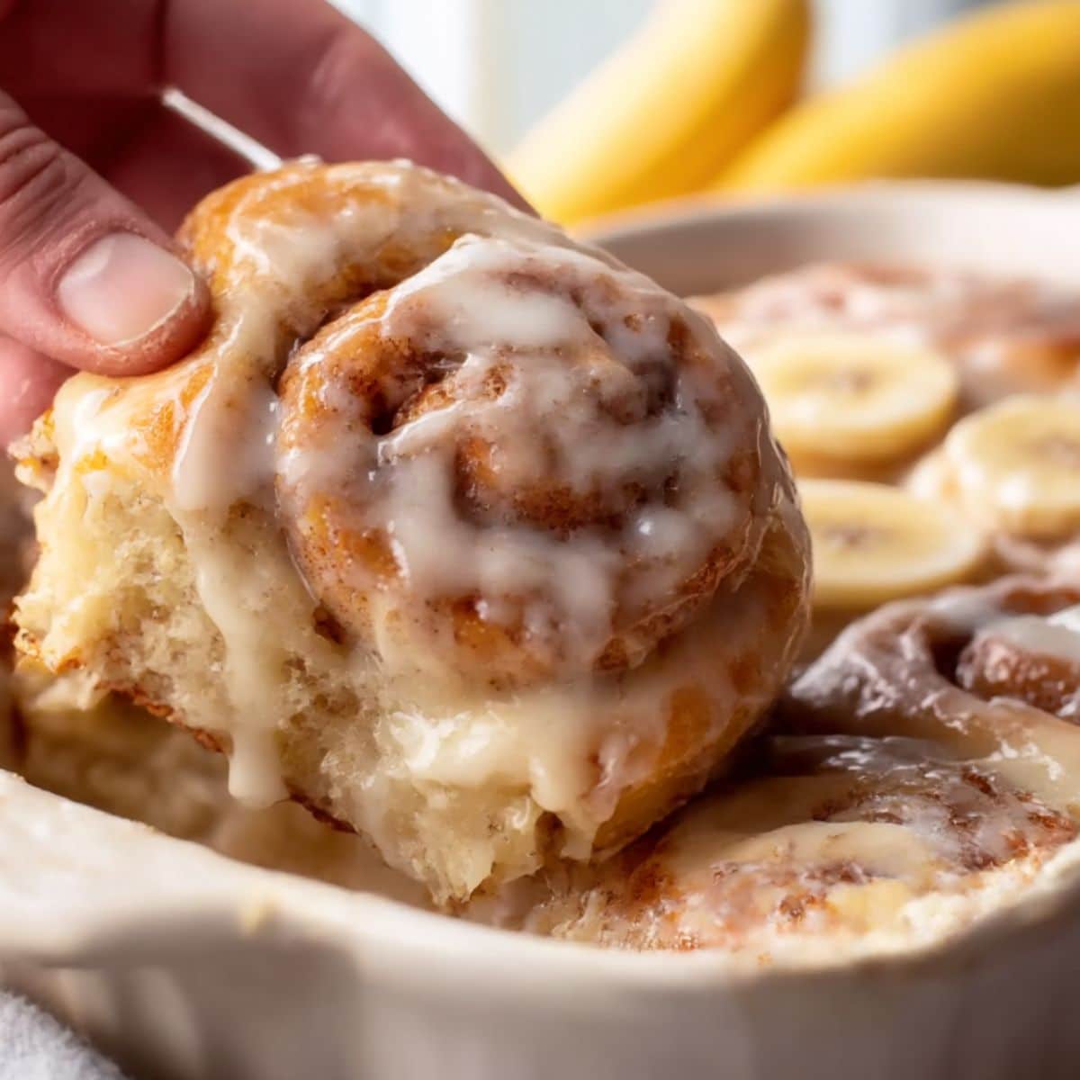Fluffy Banana Bread Cinnamon Rolls with Cream Cheese Icing