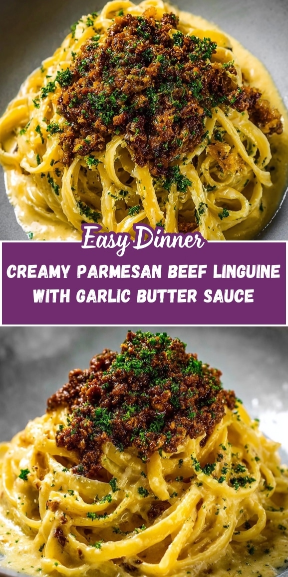 20 Minute Creamy Parmesan Beef Linguine with Garlic Butter Sauce Recipe